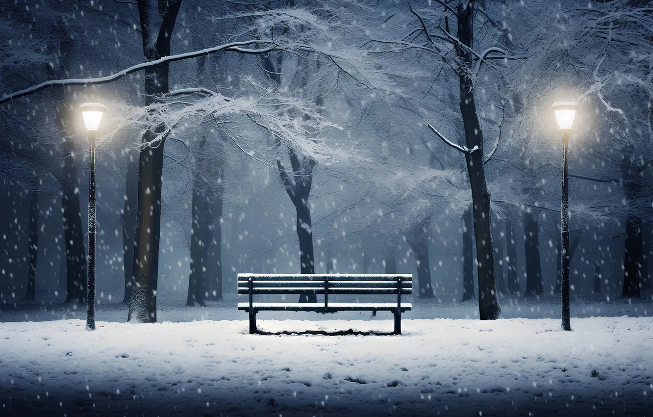 Wallpaper winter, snow, bench, night, Park, lights, night, park for ...