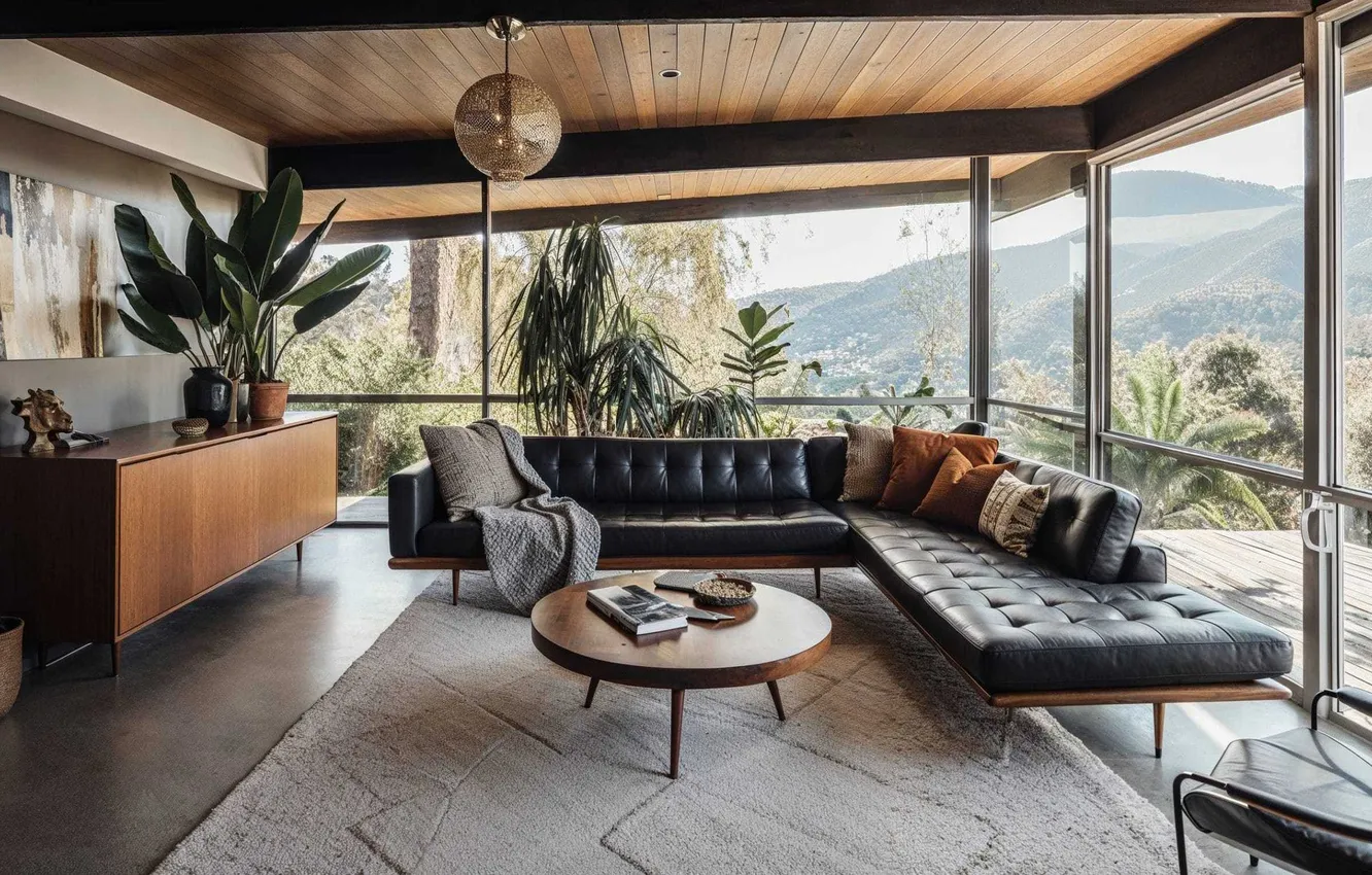 Wallpaper design, style, room, Villa, plant, interior, living room, glass walls for connecting ...