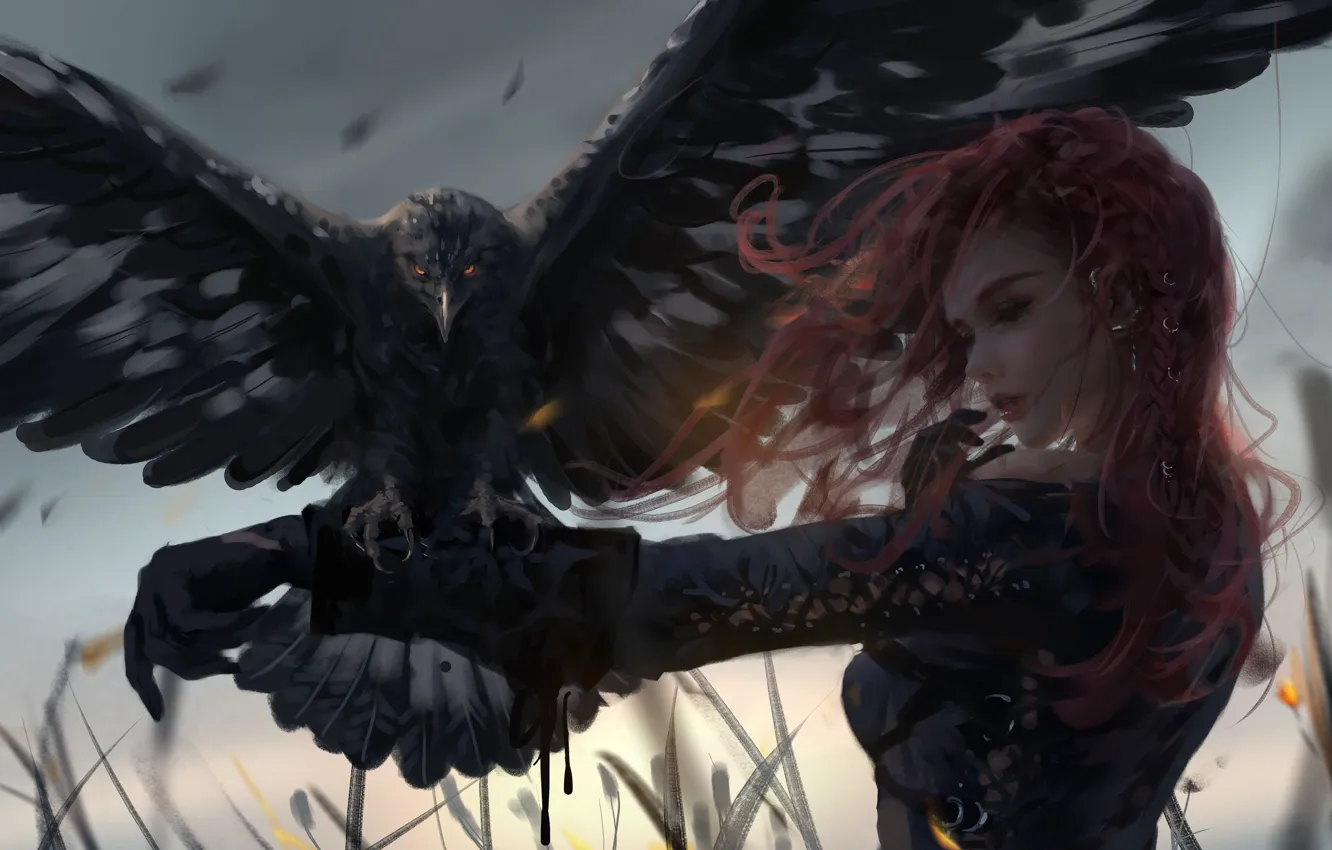 Wallpaper girl, hair, wings, hands, Raven, Princess, Ghost Blade, Wlop ...