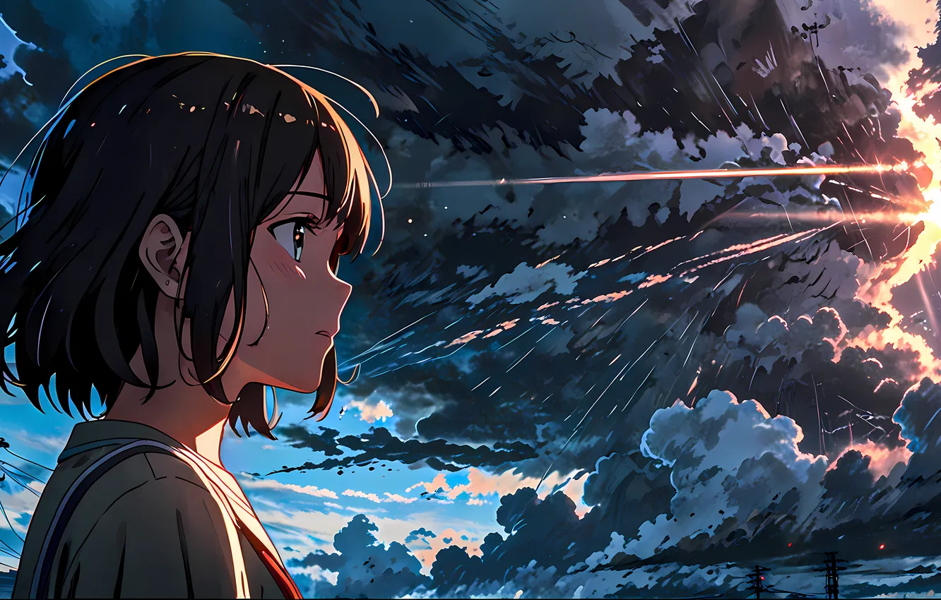 Wallpaper sunset, anime, clouds, sun rays, Dramatic Sky, contemplation ...