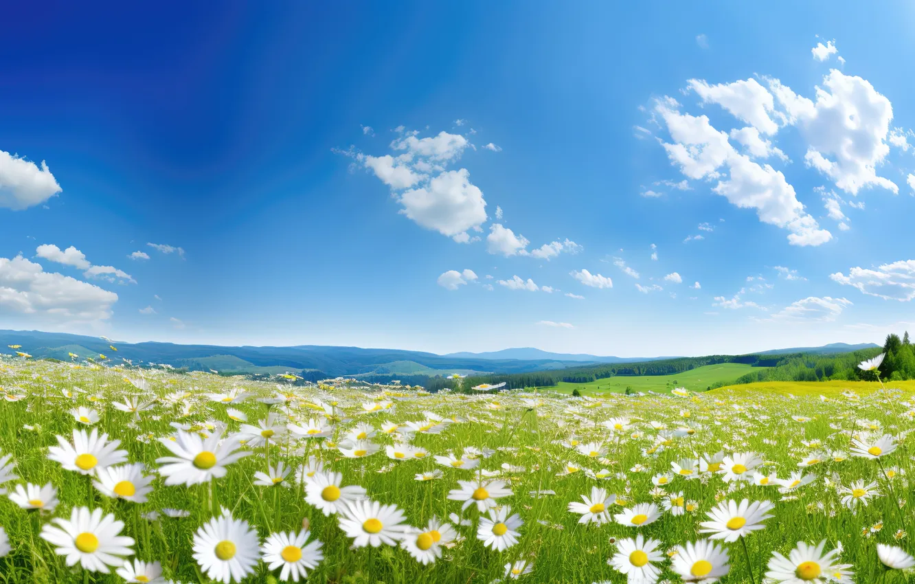 Wallpaper field, the sun, flowers, chamomile, spring, meadow, sunshine ...