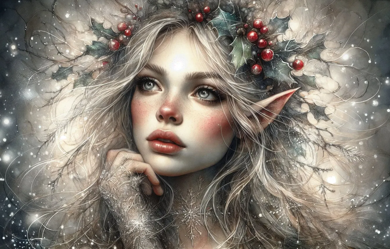 Wallpaper girl, new year, portrait, fantasy, Christmas, elf, wreath ...