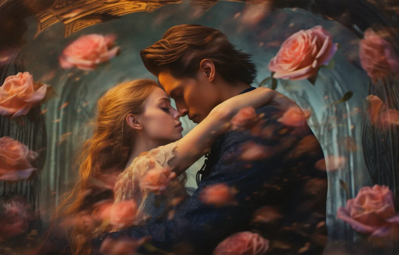 Wallpaper flowers, roses, hugs, pair, digital art, neural network for ...