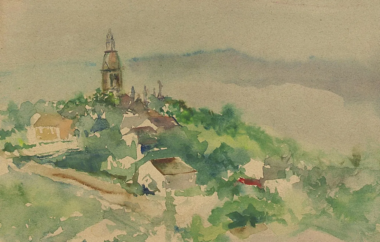 Wallpaper figure, watercolor, 1892, Theodore Robinson, Village scene ...
