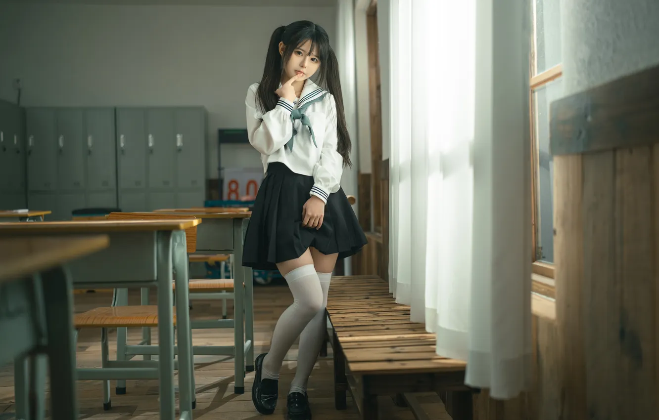 Wallpaper twintails, model, women, cosplay, asian, classroom, women indoors, Rua Ruan for mobile ...