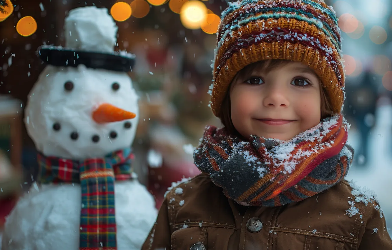 Wallpaper winter, snow, boy, Christmas, New year, snowman, AI art ...