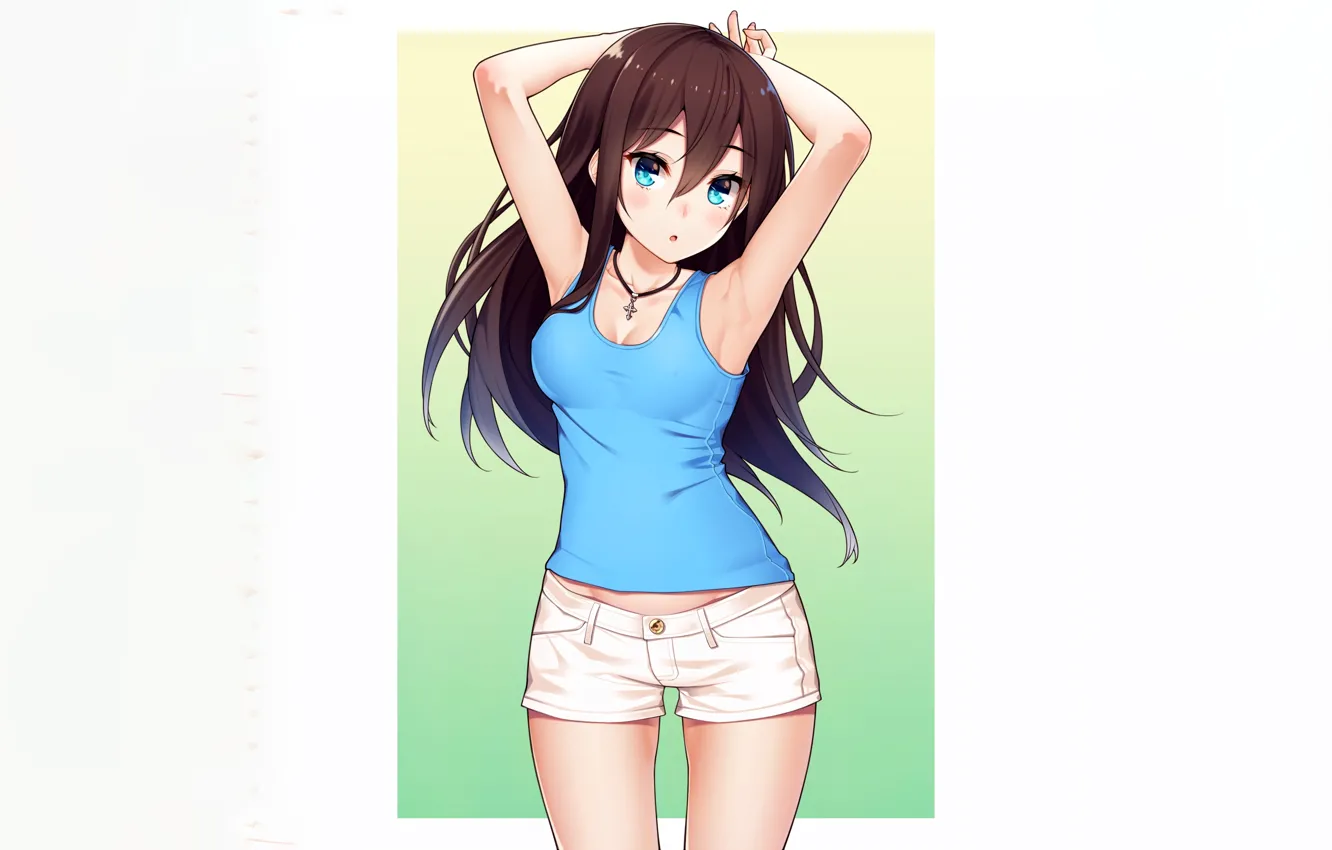 Wallpaper Girl Cleavage Shorts Long Hair Brown Hair Boobs Anime