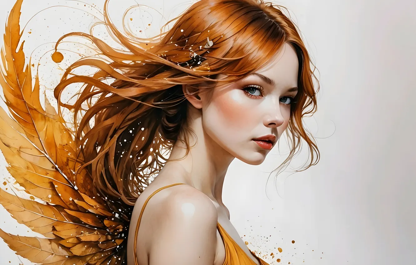 Wallpaper look, girl, face, pose, portrait, light background, redhead, imitation painting for ...