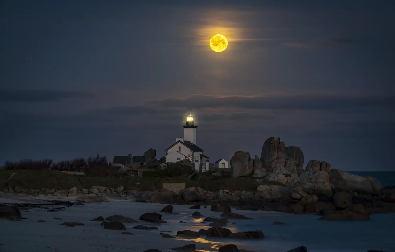 Wallpaper sea, night, stones, the moon, shore, lighthouse, the full ...