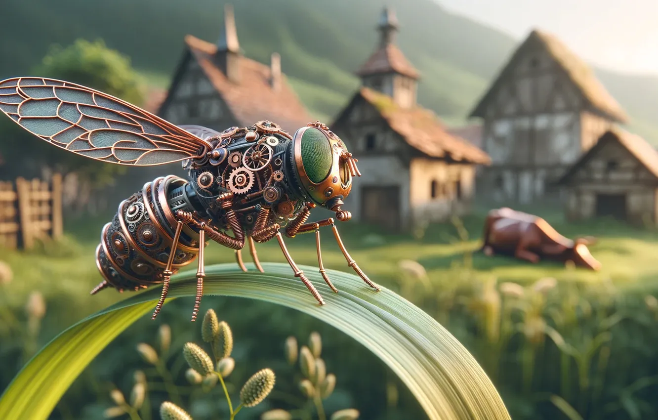 Wallpaper grass, fly, robot, village for mobile and desktop, section ии ...