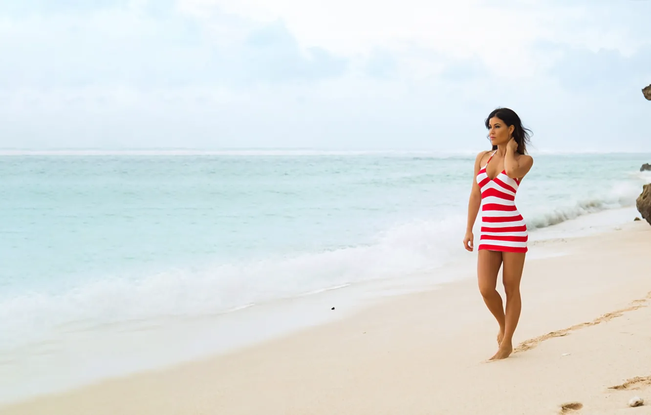 Wallpaper girl, sexy, cleavage, beach, long hair, dress, sea, boobs for mobile and desktop ...