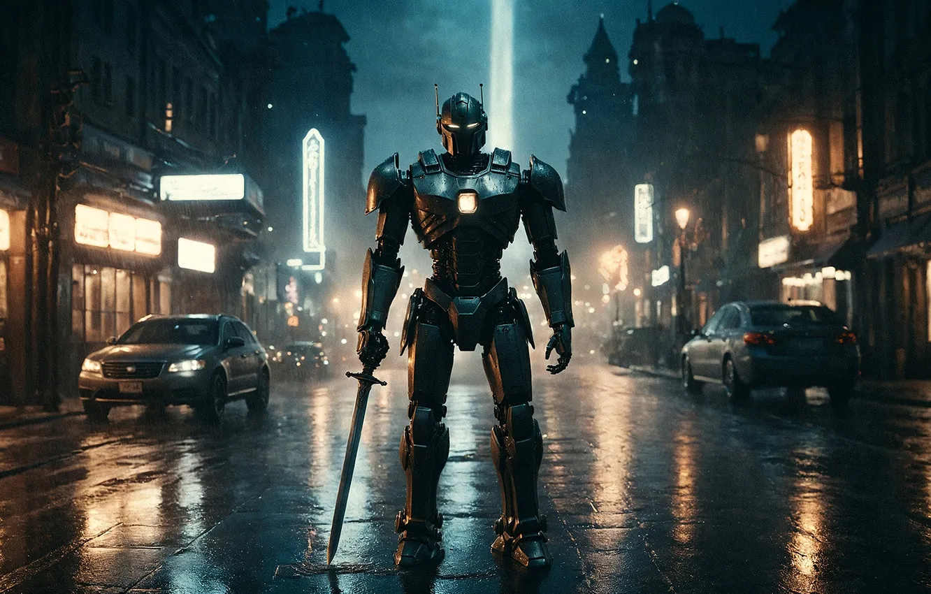 Wallpaper the city, lights, rain, street, robot for mobile and desktop ...