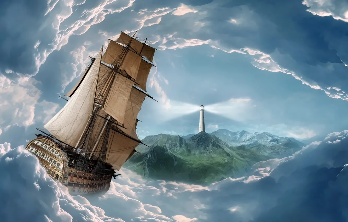 Wallpaper talasi, nebo, brod, planine, in the sea lighthouses, oblaci ...