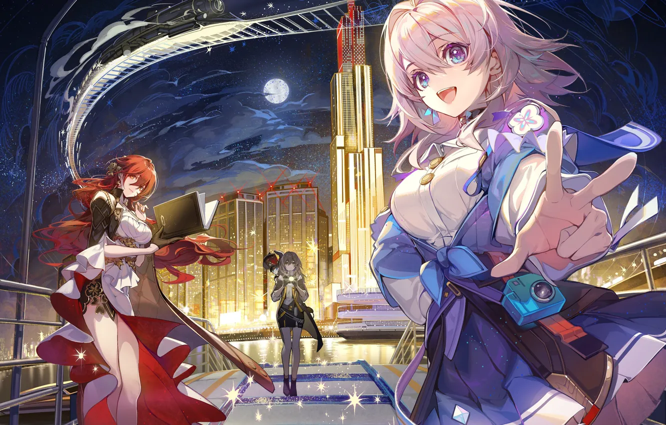 Wallpaper stars, night, the city, train, Pom Pom, Honkai Star Rail ...