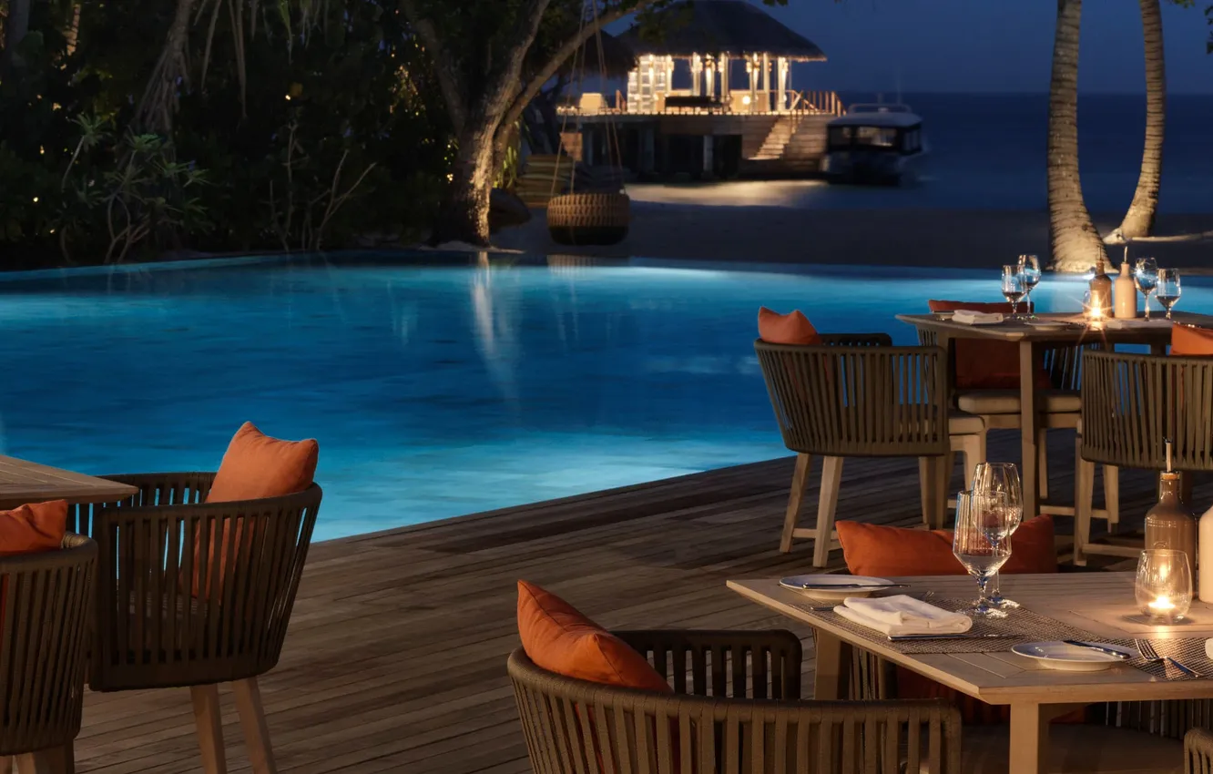 Wallpaper beach, the ocean, the evening, lighting, the pool, the hotel ...