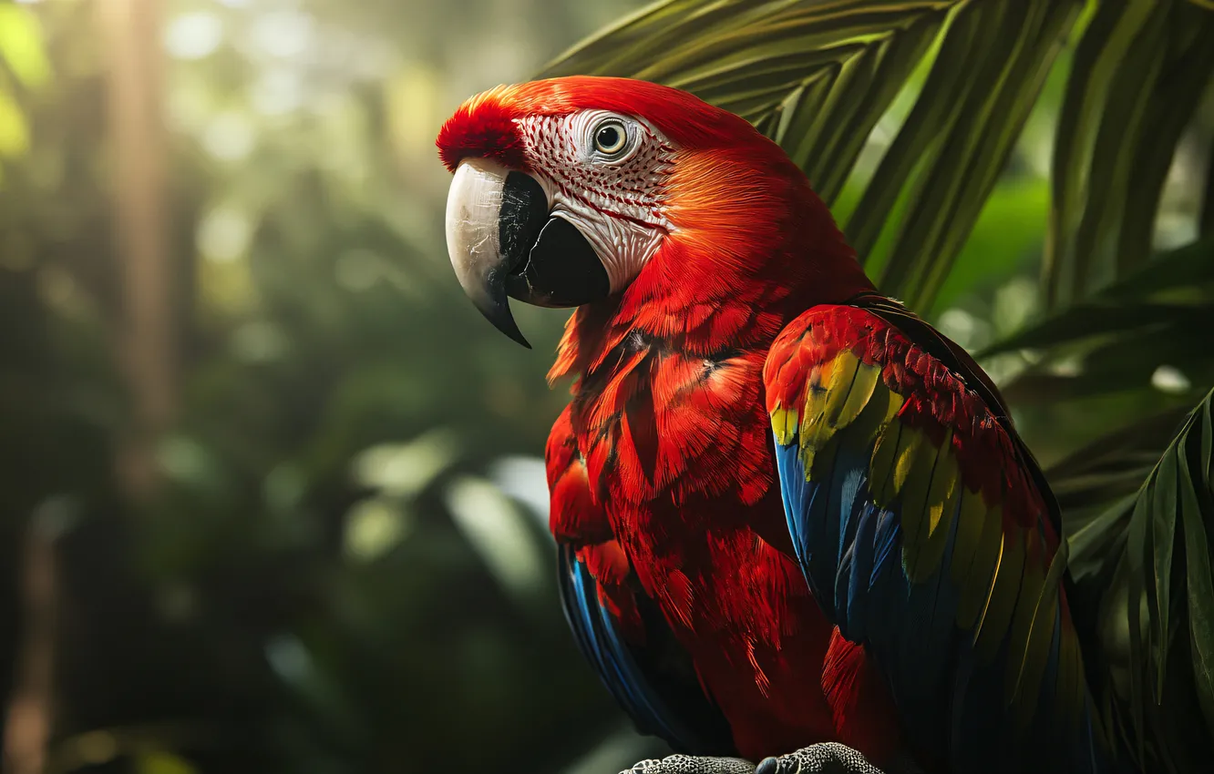 Wallpaper look, leaves, light, red, nature, tropics, bird, portrait for ...