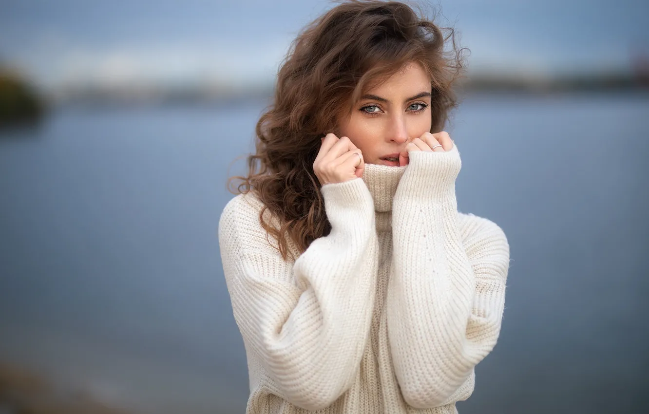 Wallpaper look, girl, face, pose, hair, portrait, hands, sweater for ...