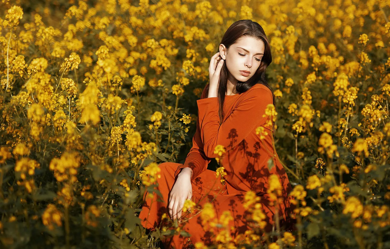 Wallpaper Field Summer Girl Flowers Nature Pose Brunette