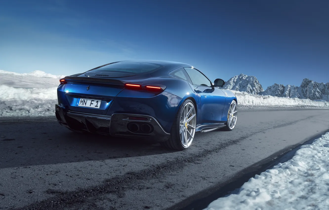 Wallpaper road, snow, Ferrari, sports car, Ferrari, roma, rear view ...