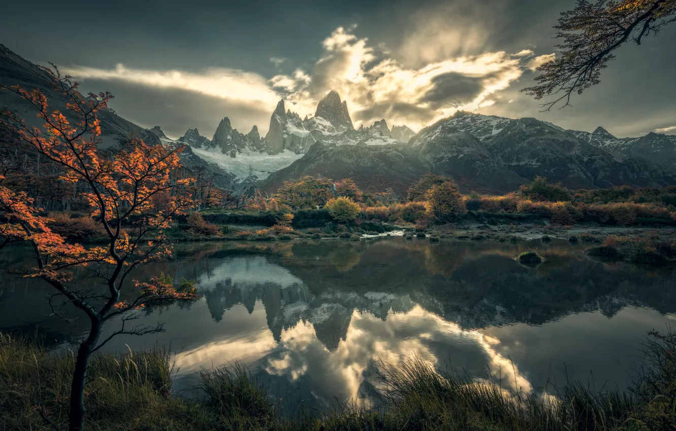 Wallpaper autumn, forest, mountains, reflection, shore, pond, Andes ...