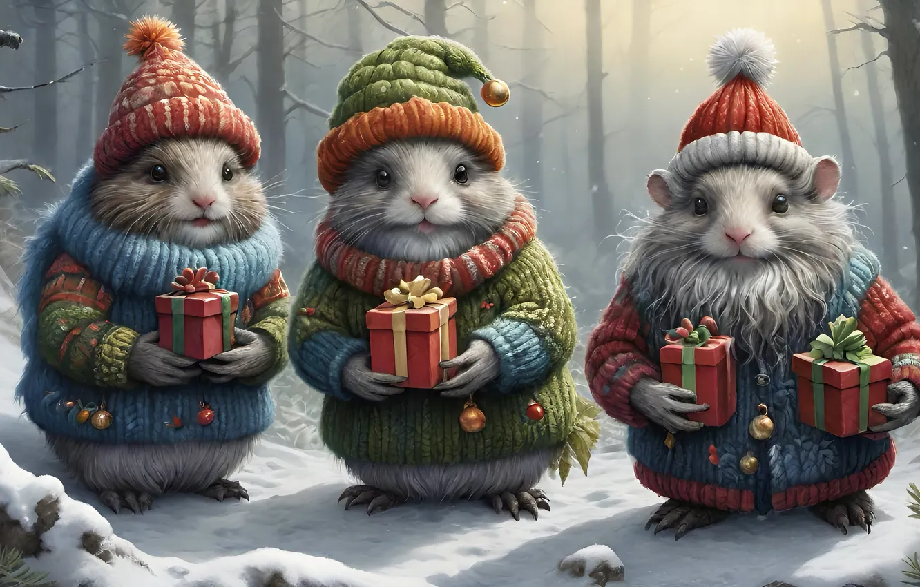 Wallpaper winter, forest, animals, snow, fantasy, Christmas, creatures ...