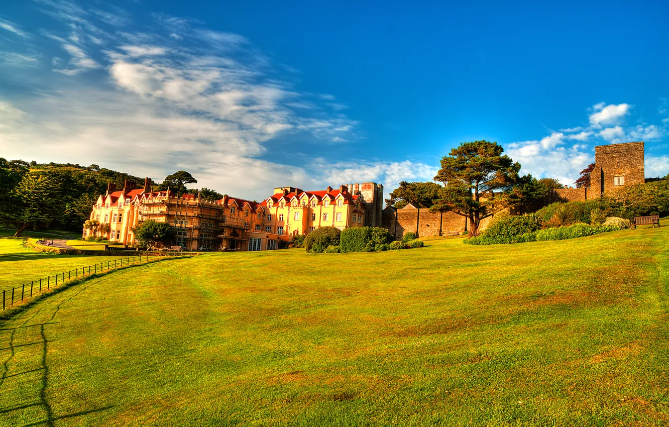Wallpaper the sky, grass, clouds, house, castle, slope, fortress ...