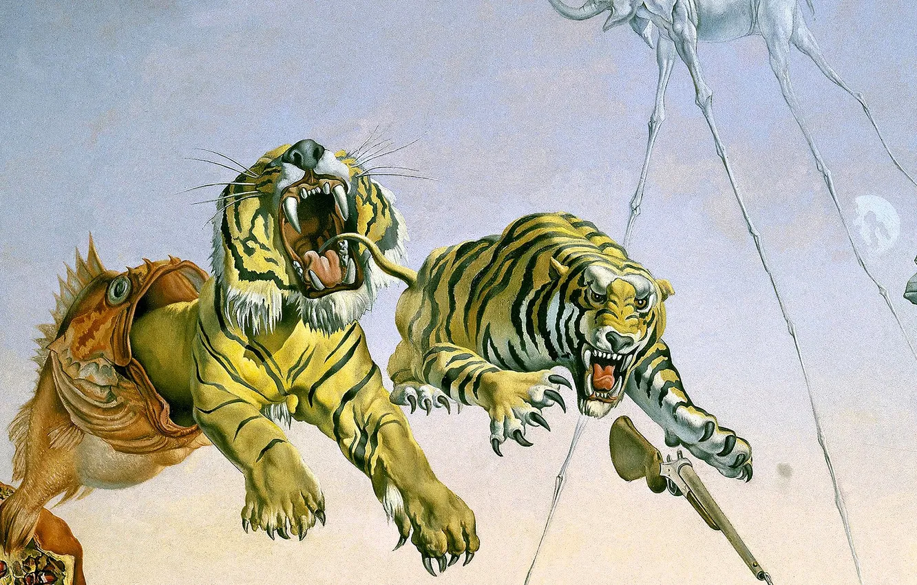 Wallpaper tiger, feet, elephant, sleep, fish, the gun, garnet, Salvador ...