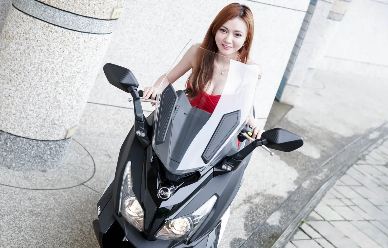 Wallpaper look, smile, Girls, Asian, beautiful girl, scooter, SYM CRUiSYM 300i, posing on a ...