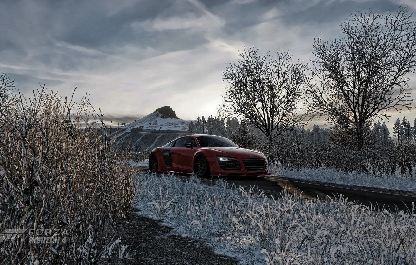 Wallpaper audi, red, road, trees, field, winter, mountain, racing ...