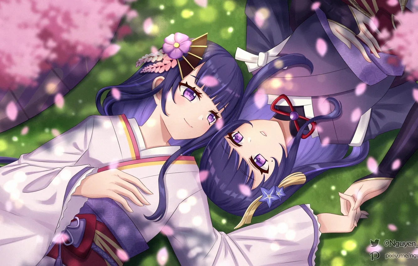 Wallpaper flowers, girls, petals, Genshin Impact, Raiden Shogun, Raiden ...