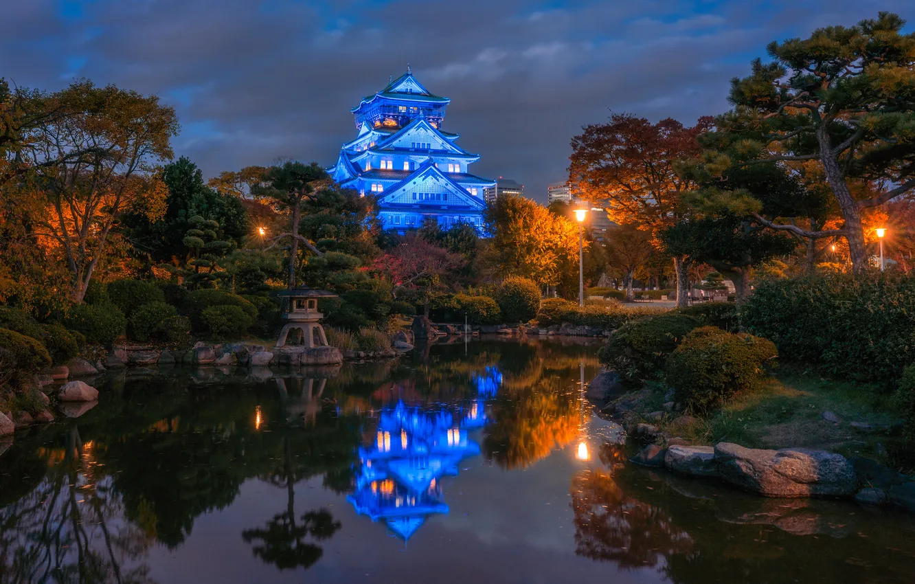Wallpaper trees, pond, Park, reflection, castle, Japan, Japan, Osaka ...