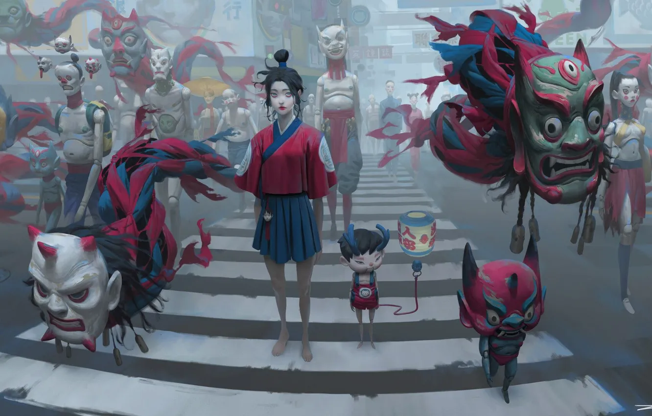 Wallpaper girl, the crowd, the demon, mask, arch, girl, Mythology ...