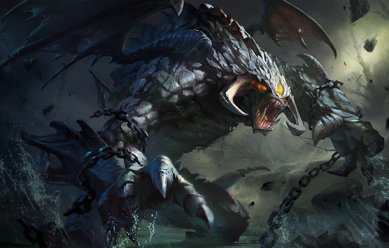 Wallpaper water, stones, wings, fangs, chain, Dota 2, Roshan, Roshan ...